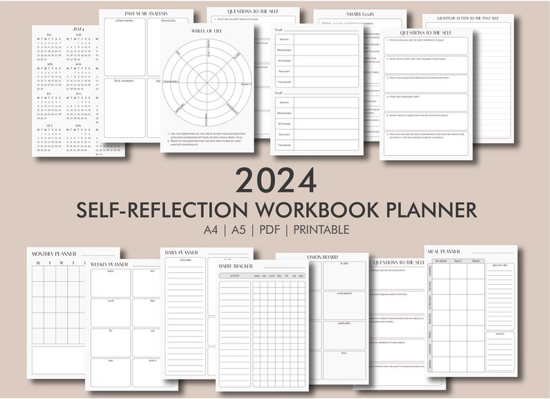 2024 Minimalist Printable Self-reflection Workbook, 2024 Calendar ...