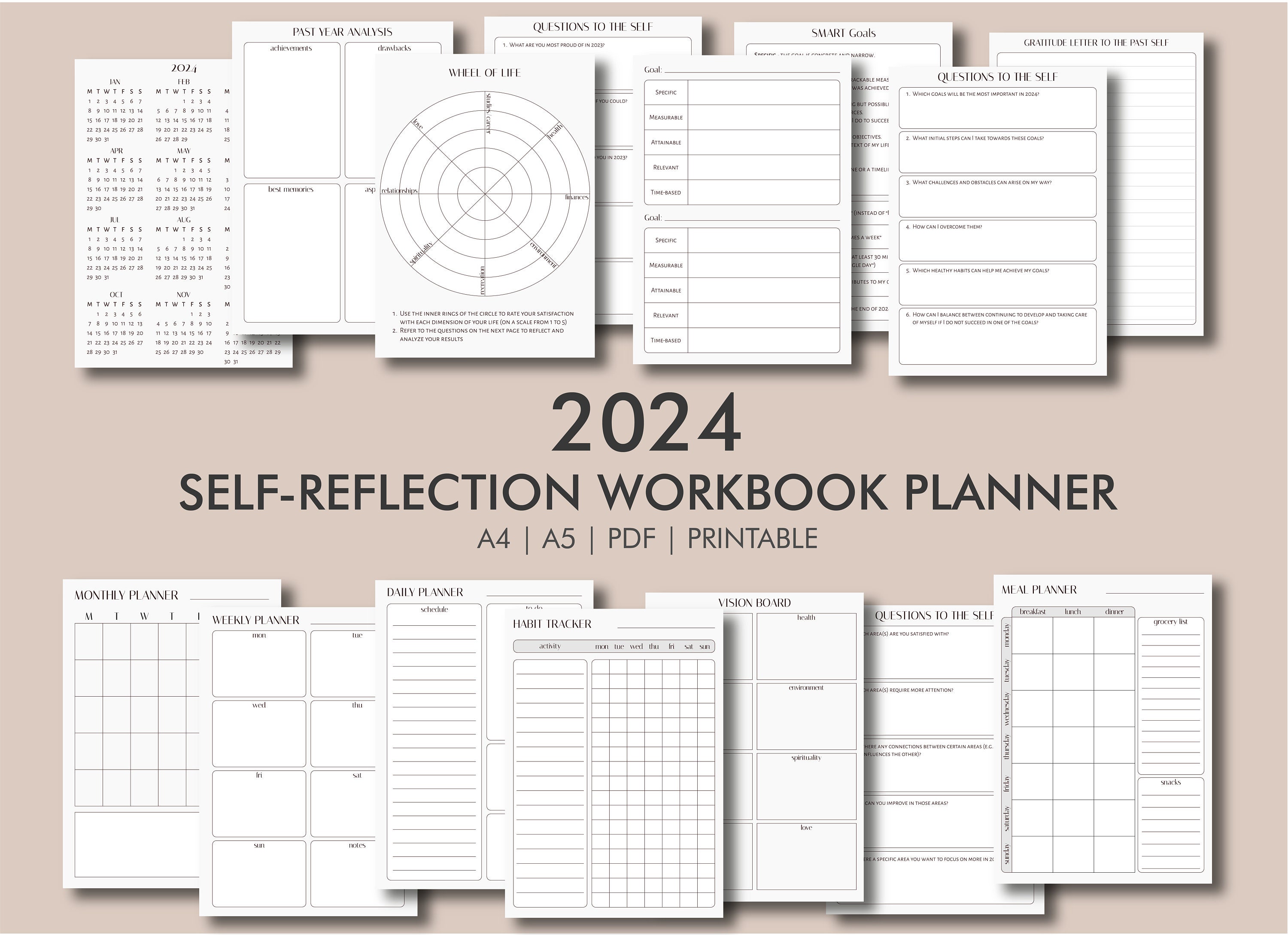 2024 Minimalist Printable Self-reflection Workbook, 2024 Calendar ...
