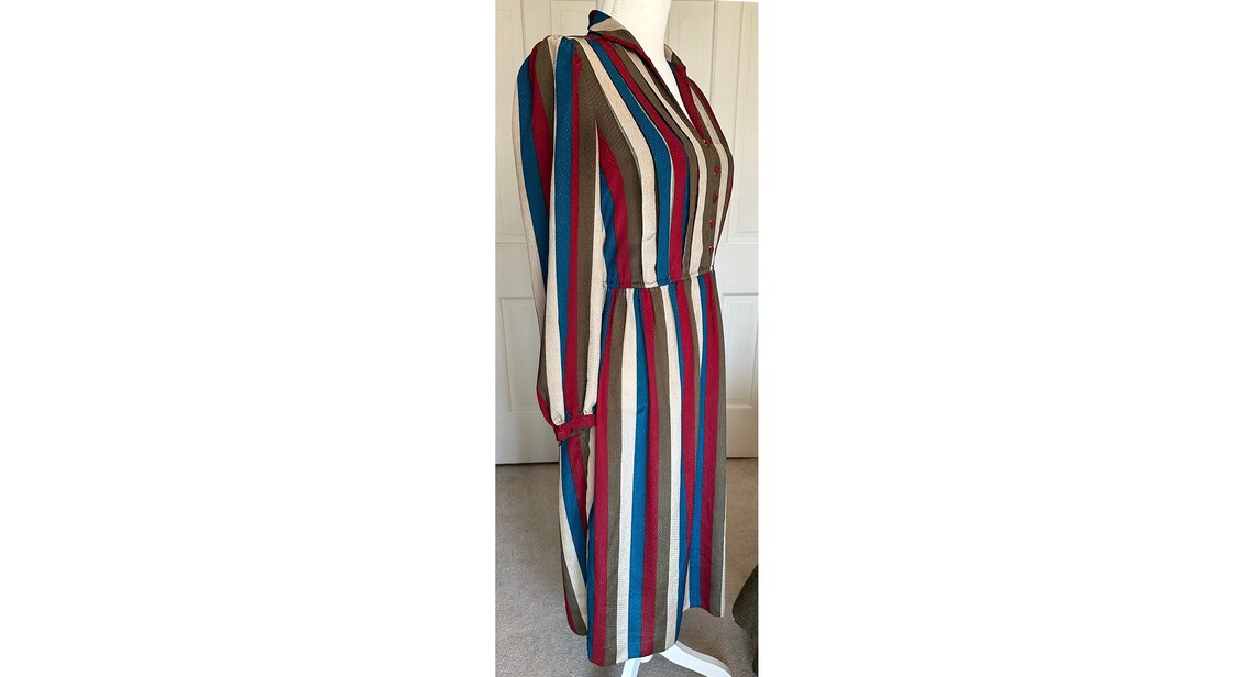 80s Leslie Fay Dress 30s Style Vintage Midi Wide Vertical Stripes ...