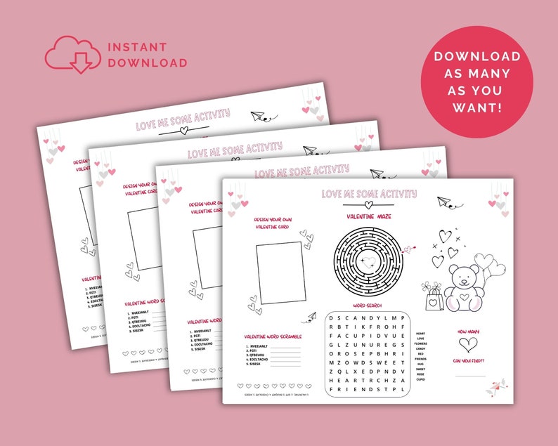 Kids Valentine Activity Placemat, Valentine's Day Table Printable ...
