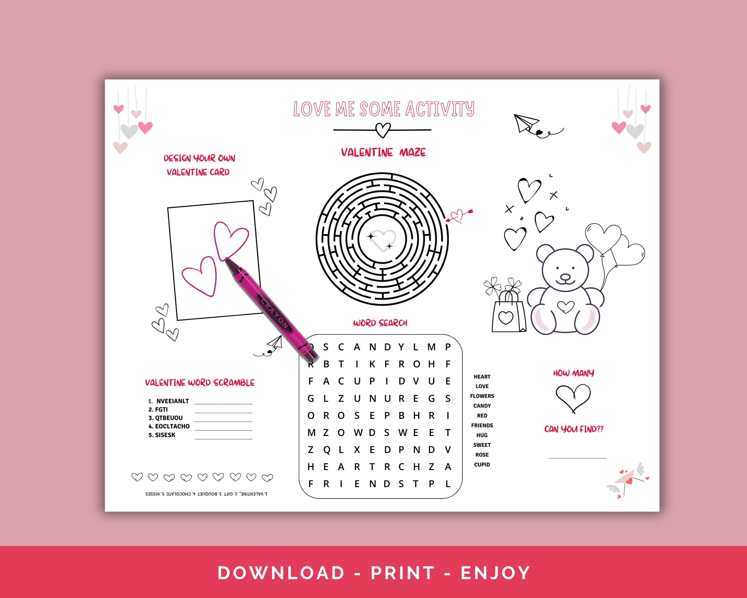 Kids Valentine Activity Placemat, Valentine's Day Table Printable ...