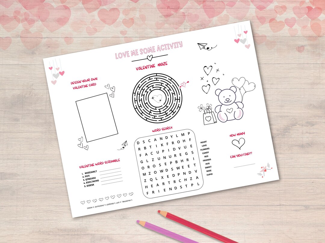 Kids Valentine Activity Placemat, Valentine's Day Table Printable ...