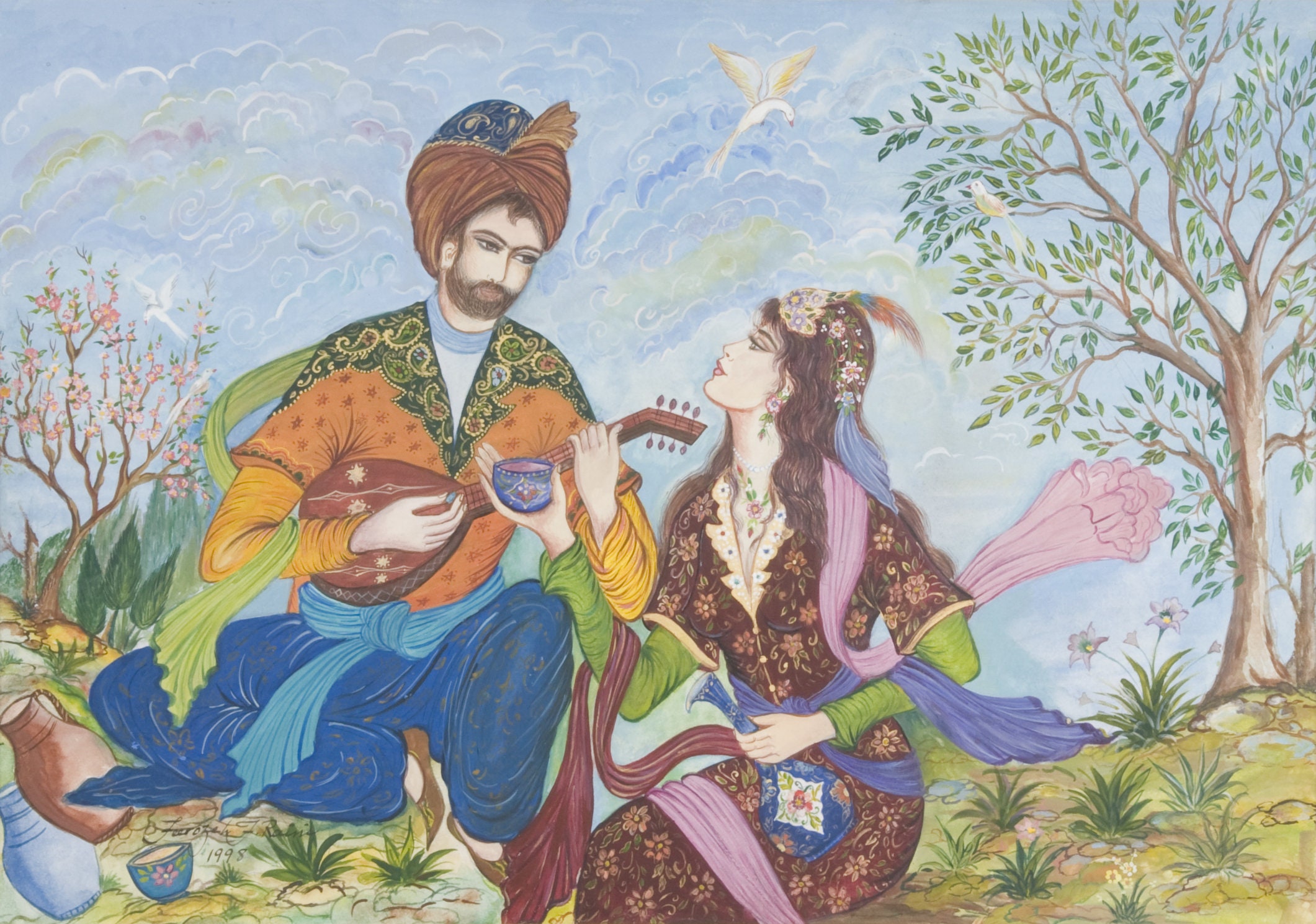 Persian Love in Miniature Canvas , Man and Woman Lover Miniature ...