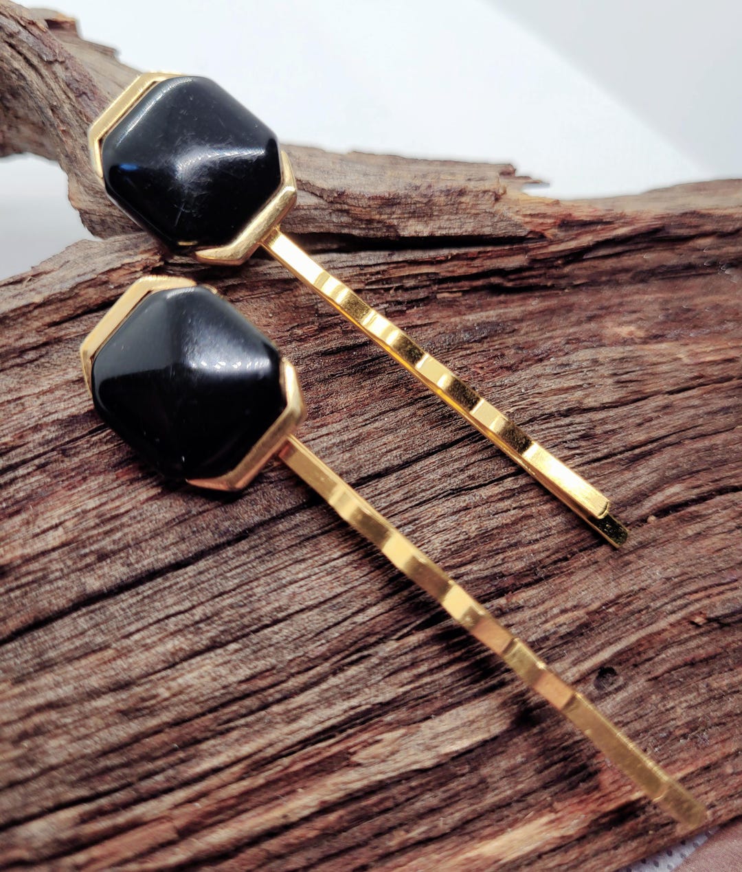 Vintage Black Onyx Hair Pins With Golden Bezel, Elegant Retro Hair ...