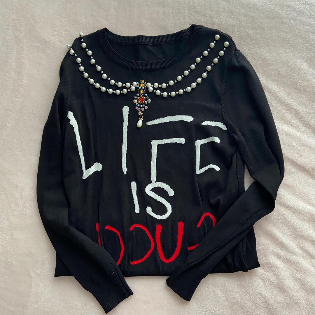 Suéter Joya De Lujo Inspirado En Gucci: Tejido Negro Con Perlas ...