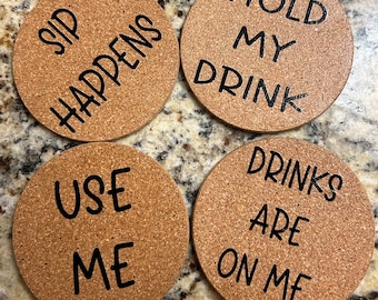 Cork Coasters With Alcohol Themed Sayings With Metal Rack Holder - Etsy