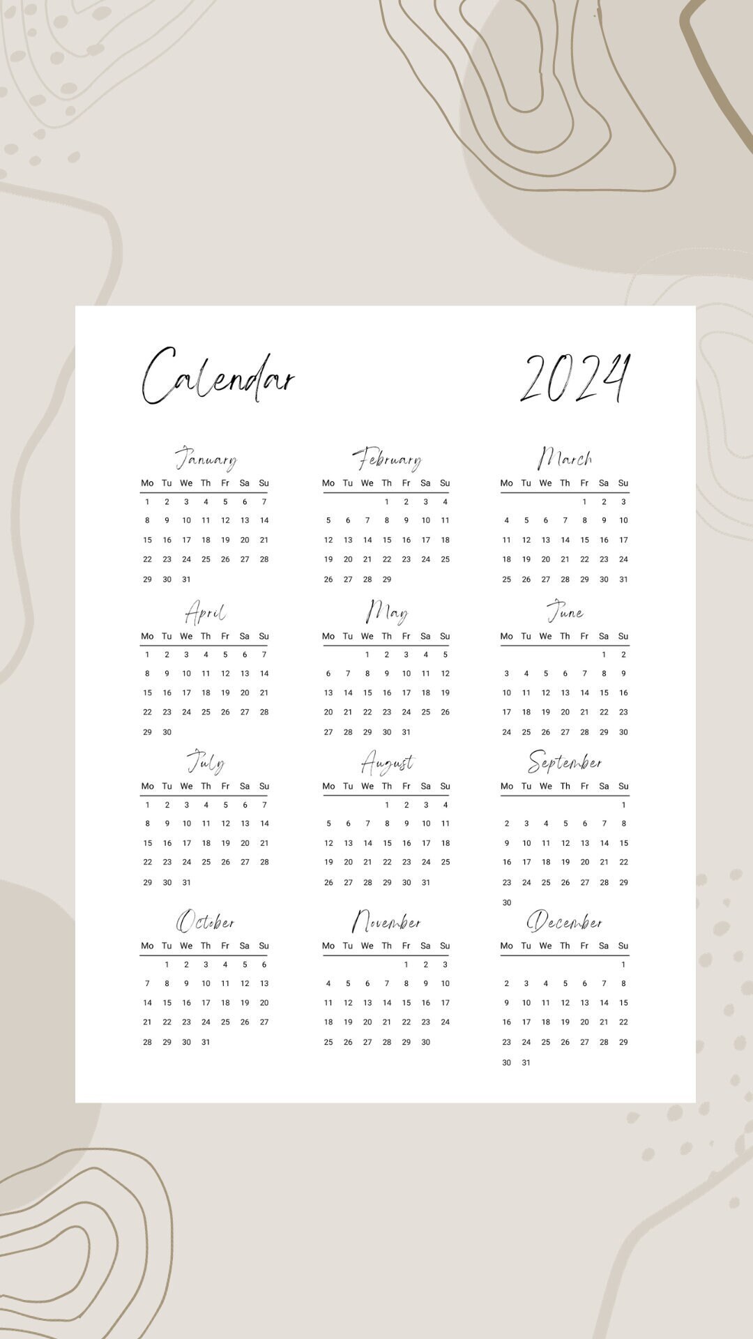 Vertical Year at a Glance 2024 Calendar Printable 8.5 X 11 Inches Desk ...