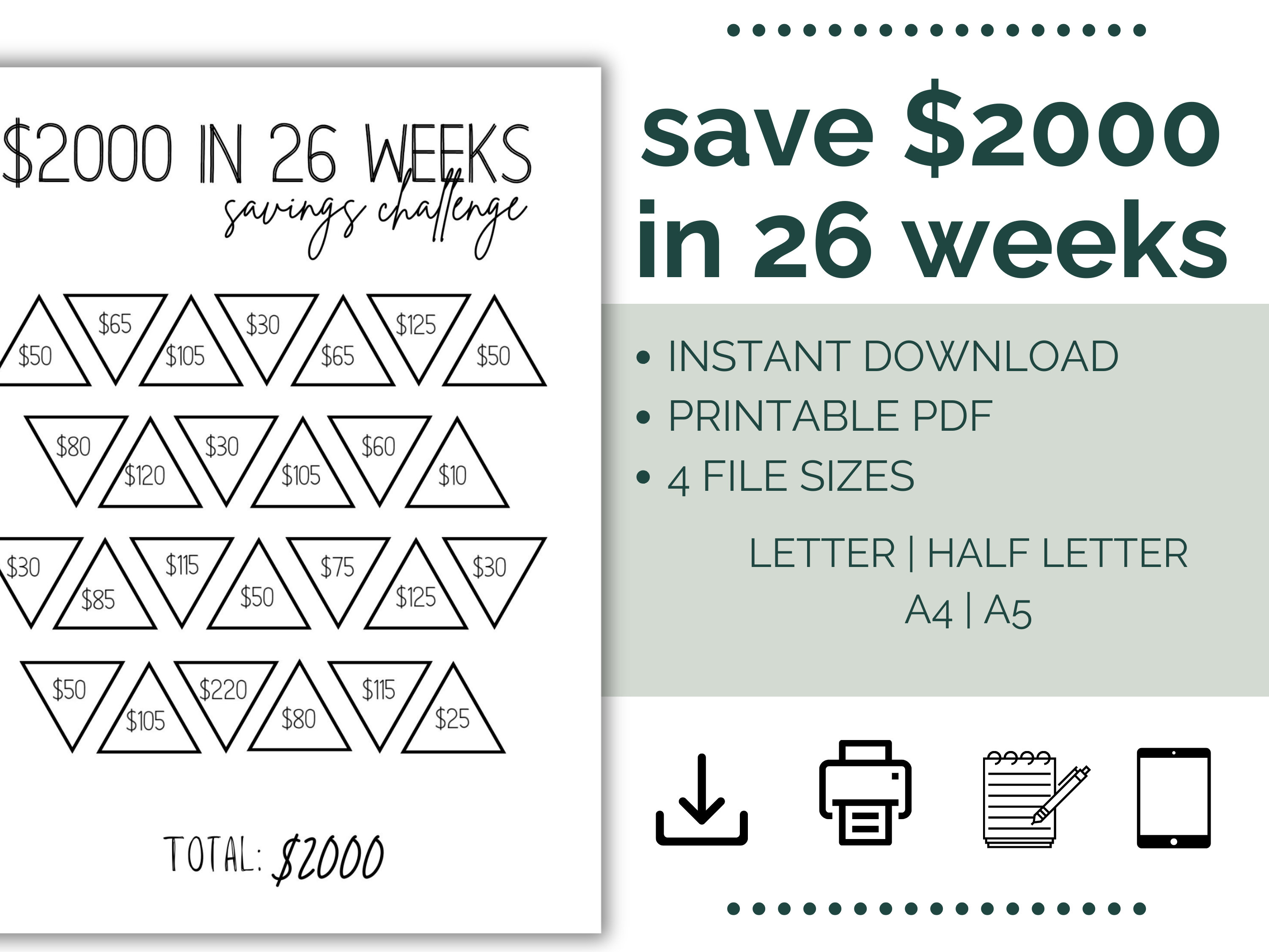 2K Savings Challenge - 26 Week Savings - Save 2000 - 6 Month Savings ...