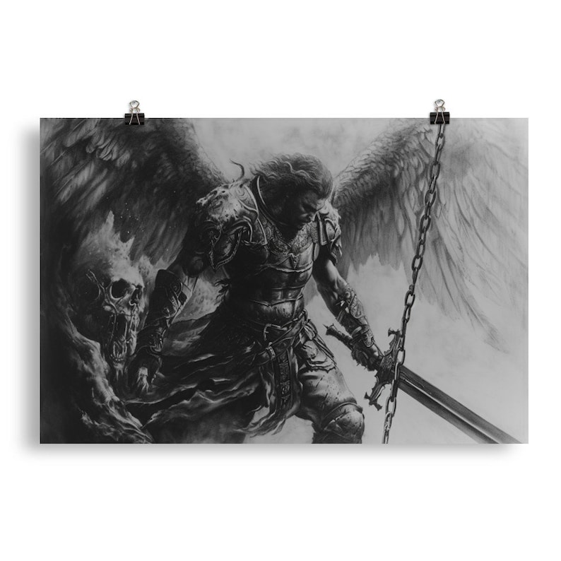 Archangel Battle Art Poster, Intricate Pencil Drawing of Heavenly ...