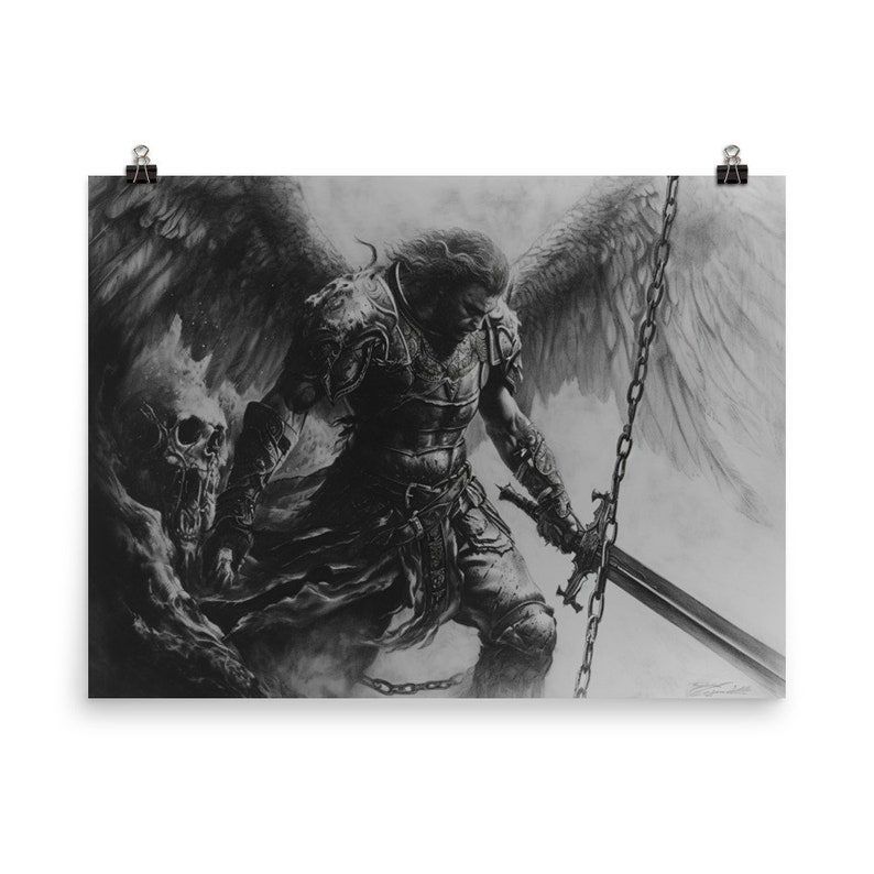 Archangel Battle Art Poster, Intricate Pencil Drawing of Heavenly ...