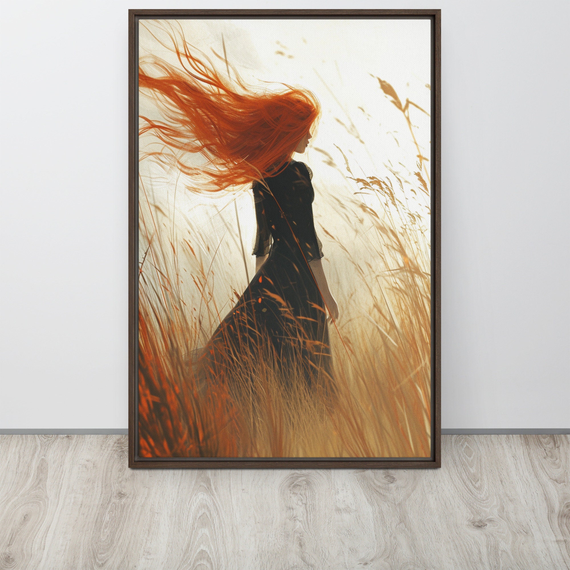 Windblown Redhead in Fields Wall Art - Framed Canvas Print - Serene Countryside Decor - Perfect ...