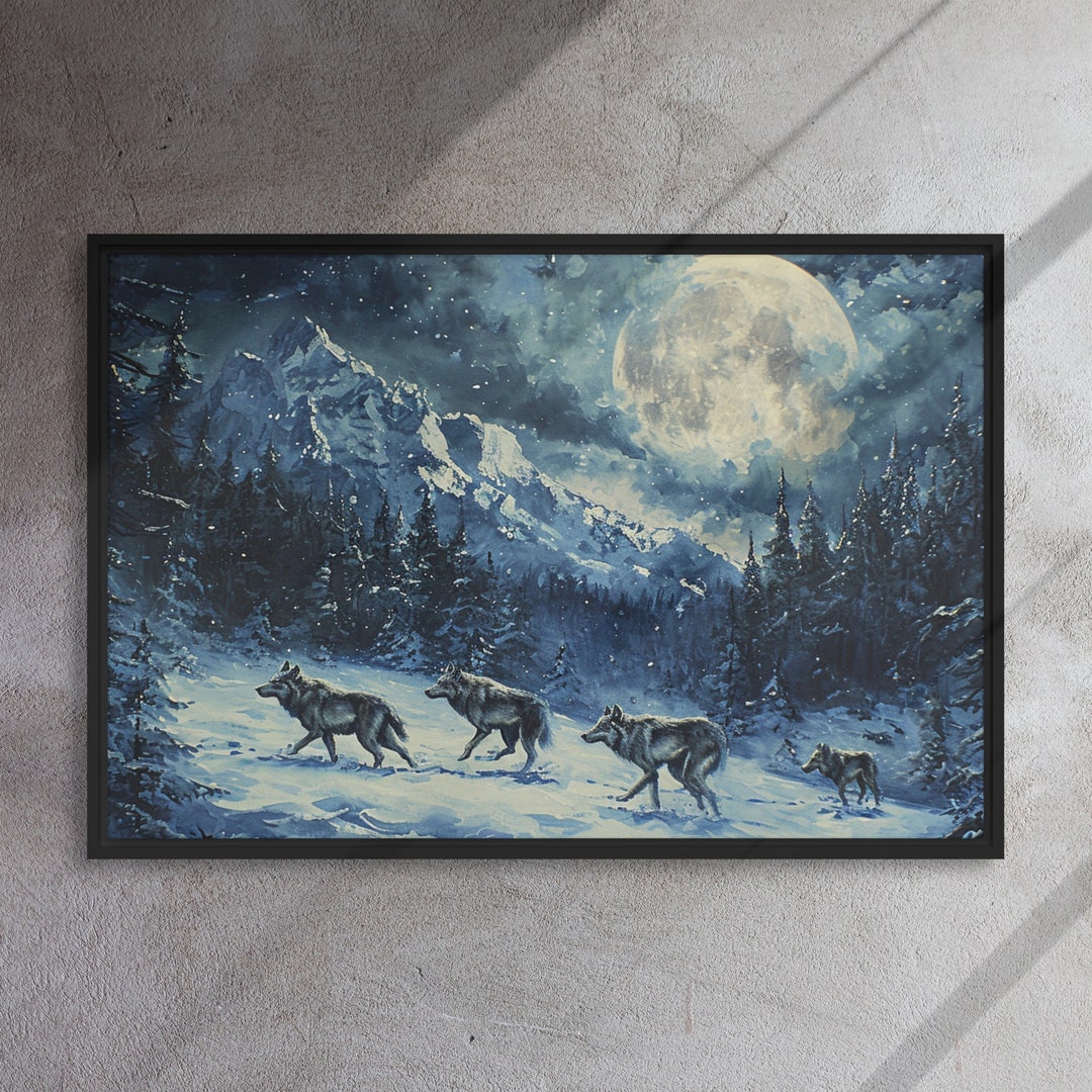 Lunar Wolves in Winter Mountains Canvas Art - Framed Nature Scene for ...