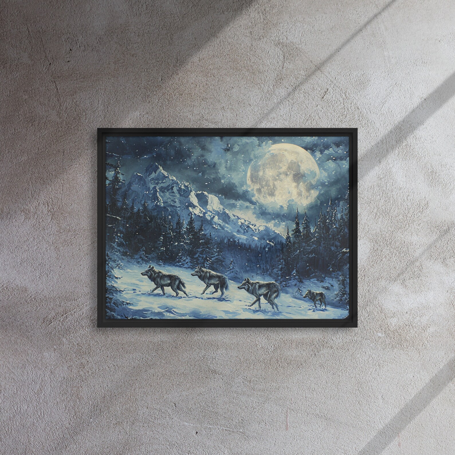 Lunar Wolves in Winter Mountains Canvas Art - Framed Nature Scene for ...