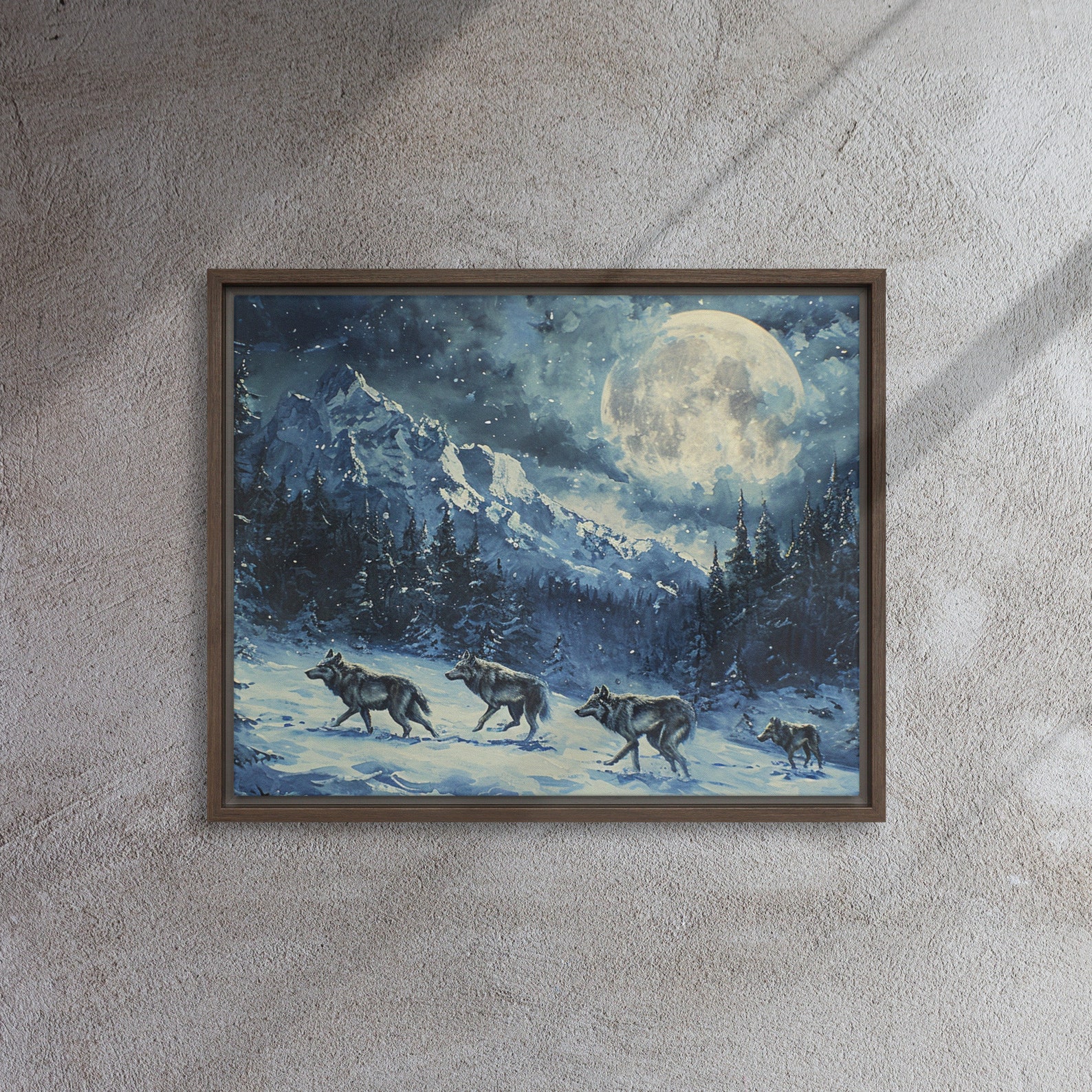 Lunar Wolves in Winter Mountains Canvas Art - Framed Nature Scene for ...