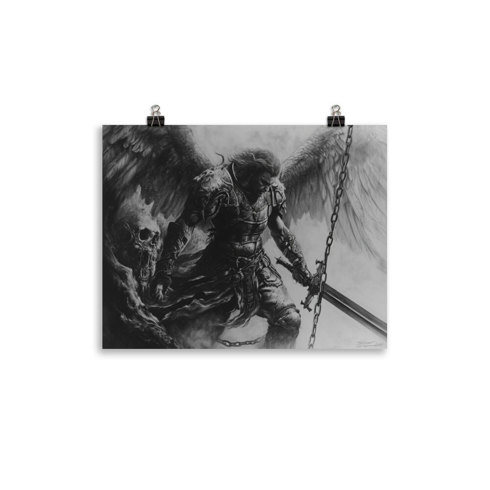 Archangel Battle Art Poster, Intricate Pencil Drawing of Heavenly ...