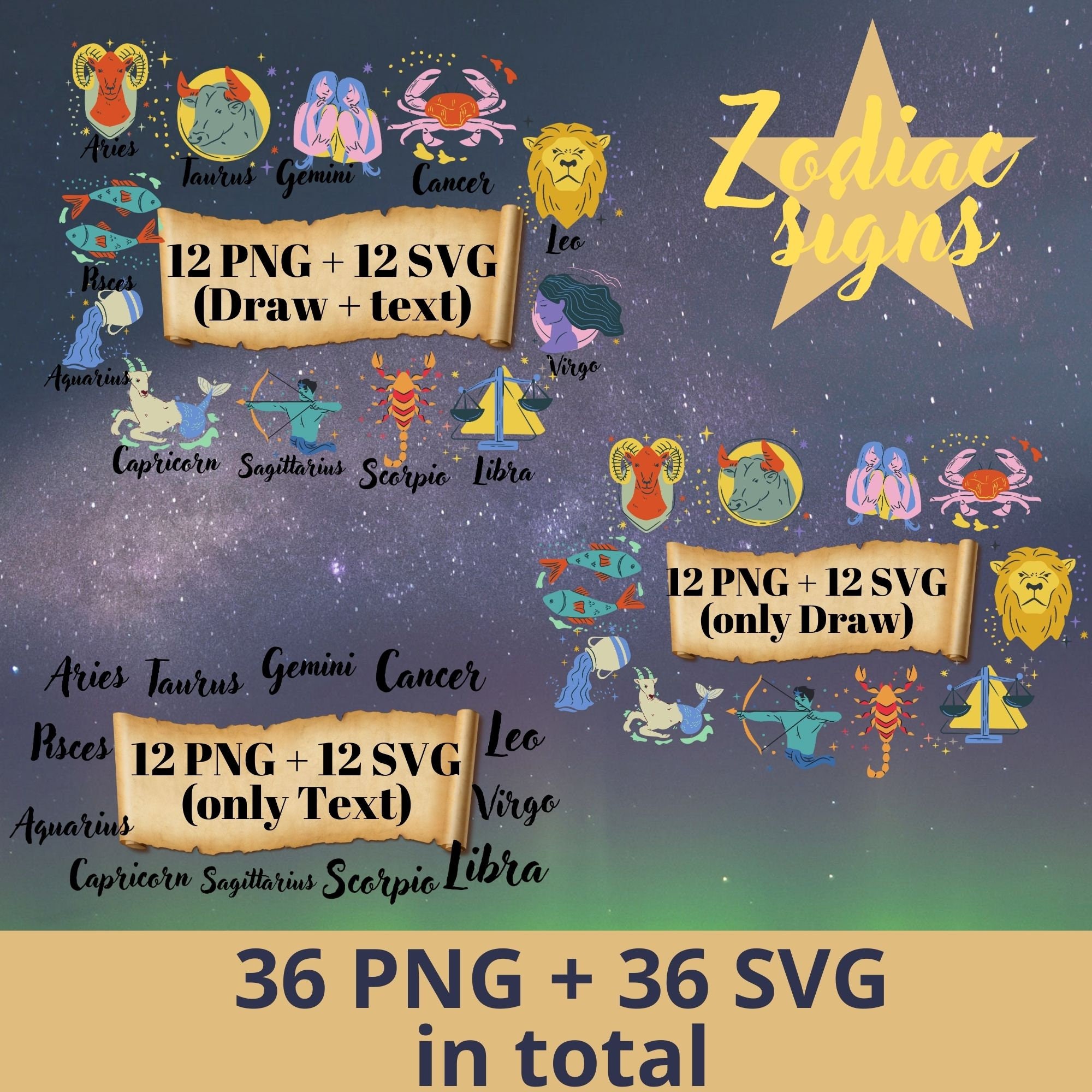 Zodiac Signs PNG SVG Bundle Illustration Hand Drawn Horoscope Sign Pack ...