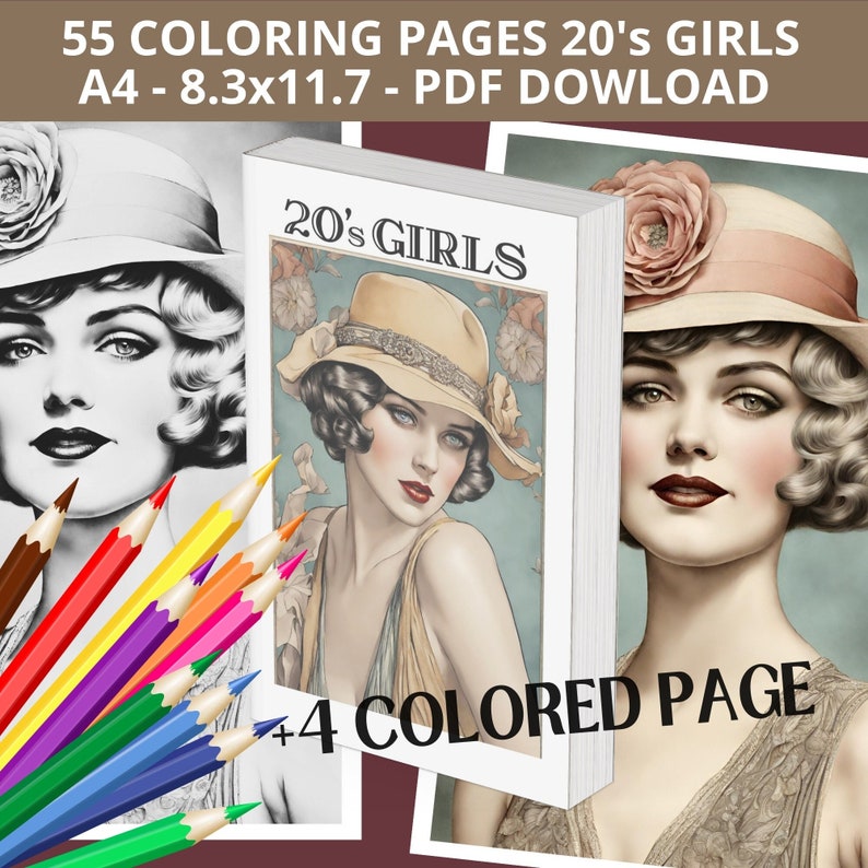20's Girls Gatsby Adult Coloring Page PDF A4 8,3x11,7 - Fashion Girly ...