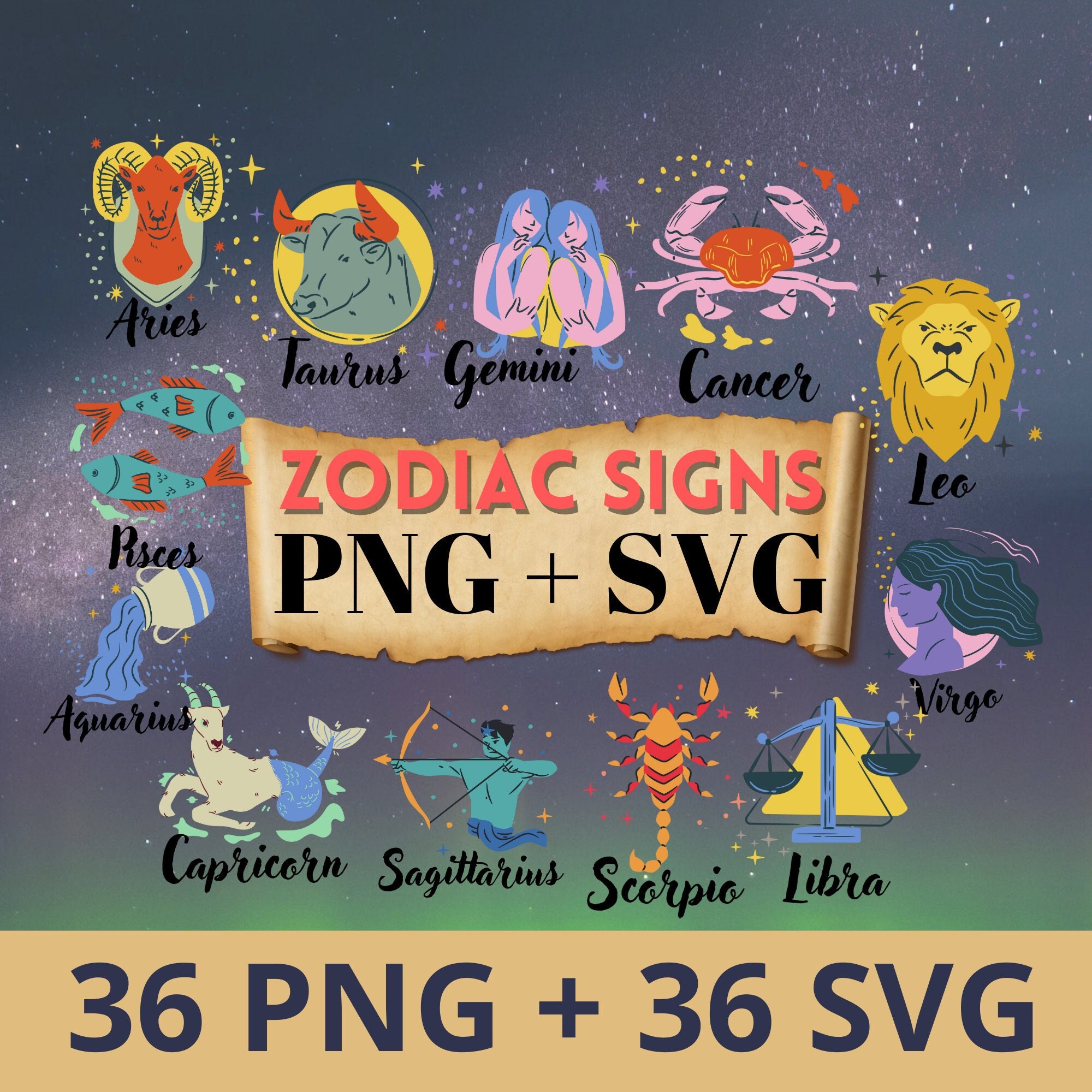 Zodiac Signs PNG SVG Bundle Illustration Hand Drawn Horoscope Sign Pack ...