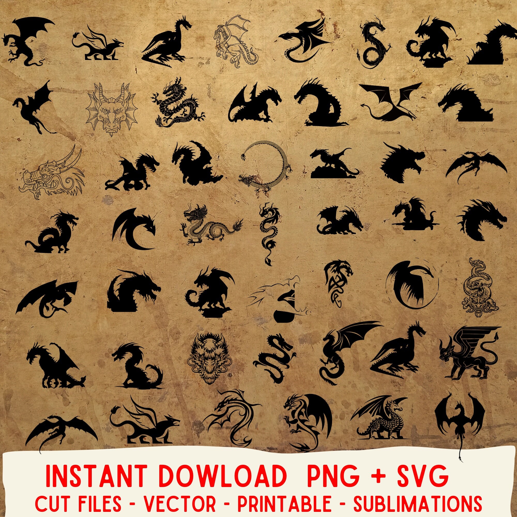 Dragons Bundle Cricut Cut Files Vector Icon Blackprintable Sublimation ...