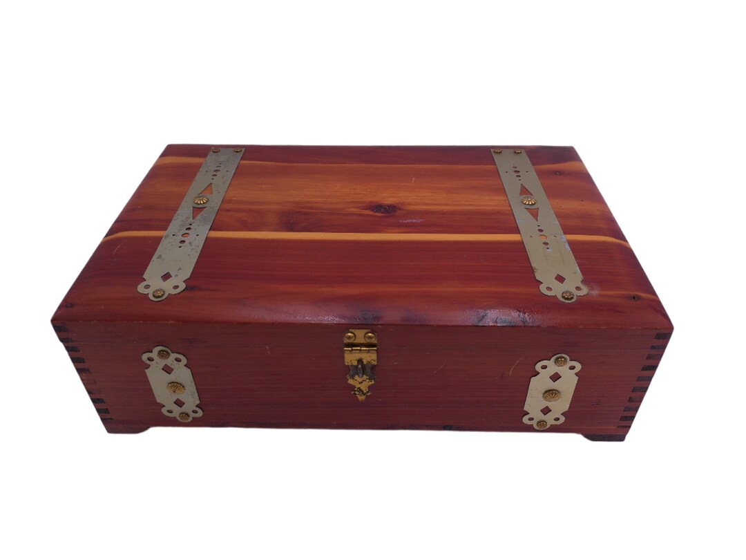 VTG Cedar Wood Chest Hinge Box Trinket Jewelry Treasure Aged Metal ...