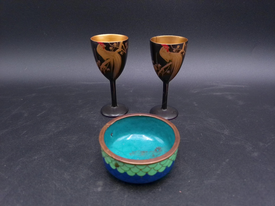 Japanese Gold Leaf Onagadori Rooster Black Lacquer Ware Stemware Golden ...