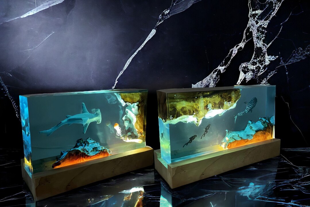 Ocean Resin Lamp, Handmade Ornament, Sea Creatures, Shark, Ocean Art ...