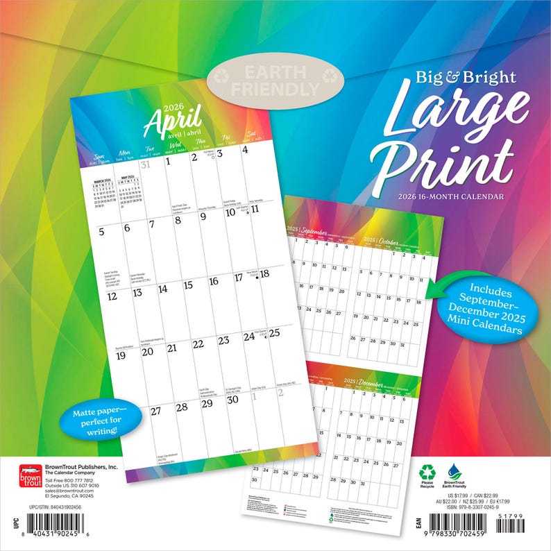 Big & Bright Large Print | 2026 12 X 24 Inch (hanging) Monthly Square ...