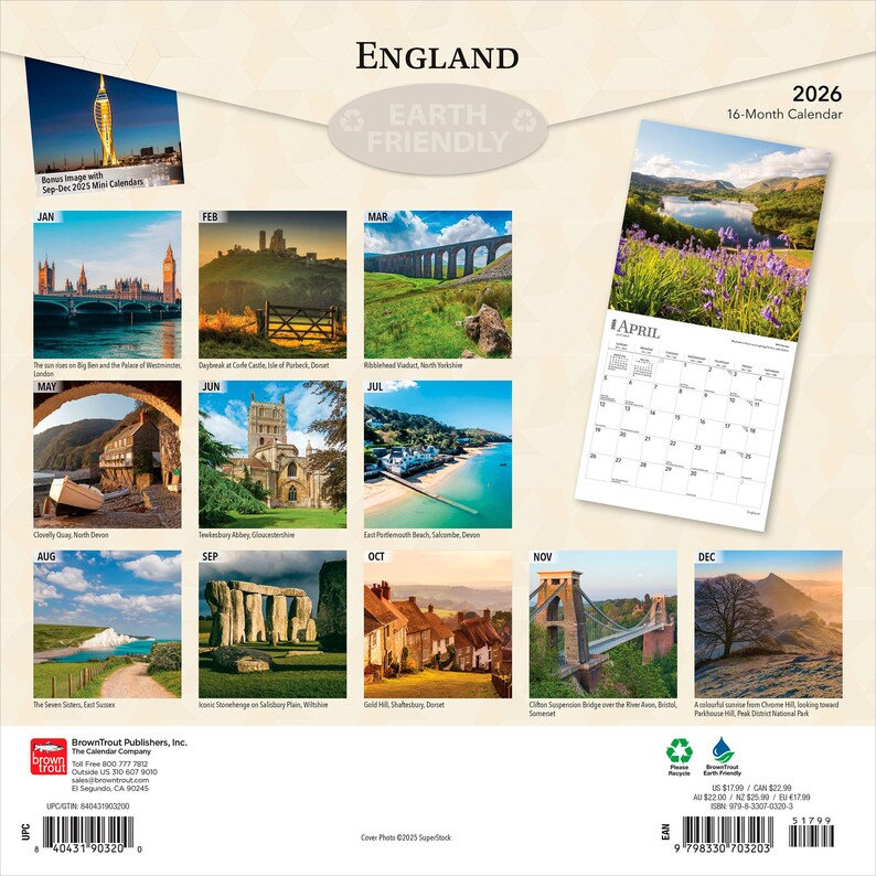 England | 2026 12 X 24 Inch (hanging) Monthly Square Wall Calendar ...