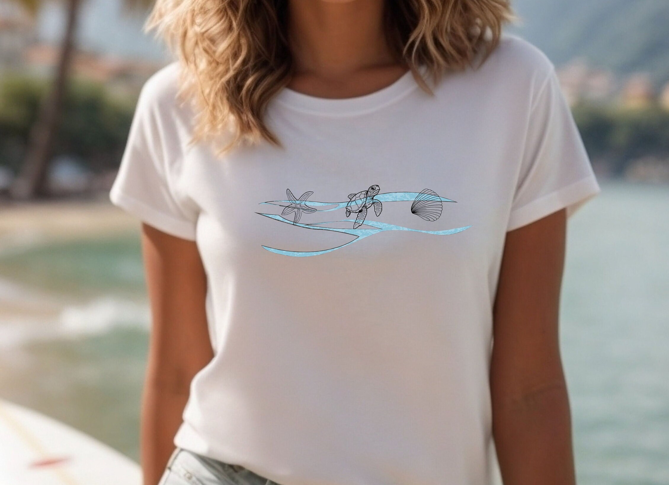 Waves Shirt With Starfish, Shell and Turtle, Waves Shirt, Gift for Her ...