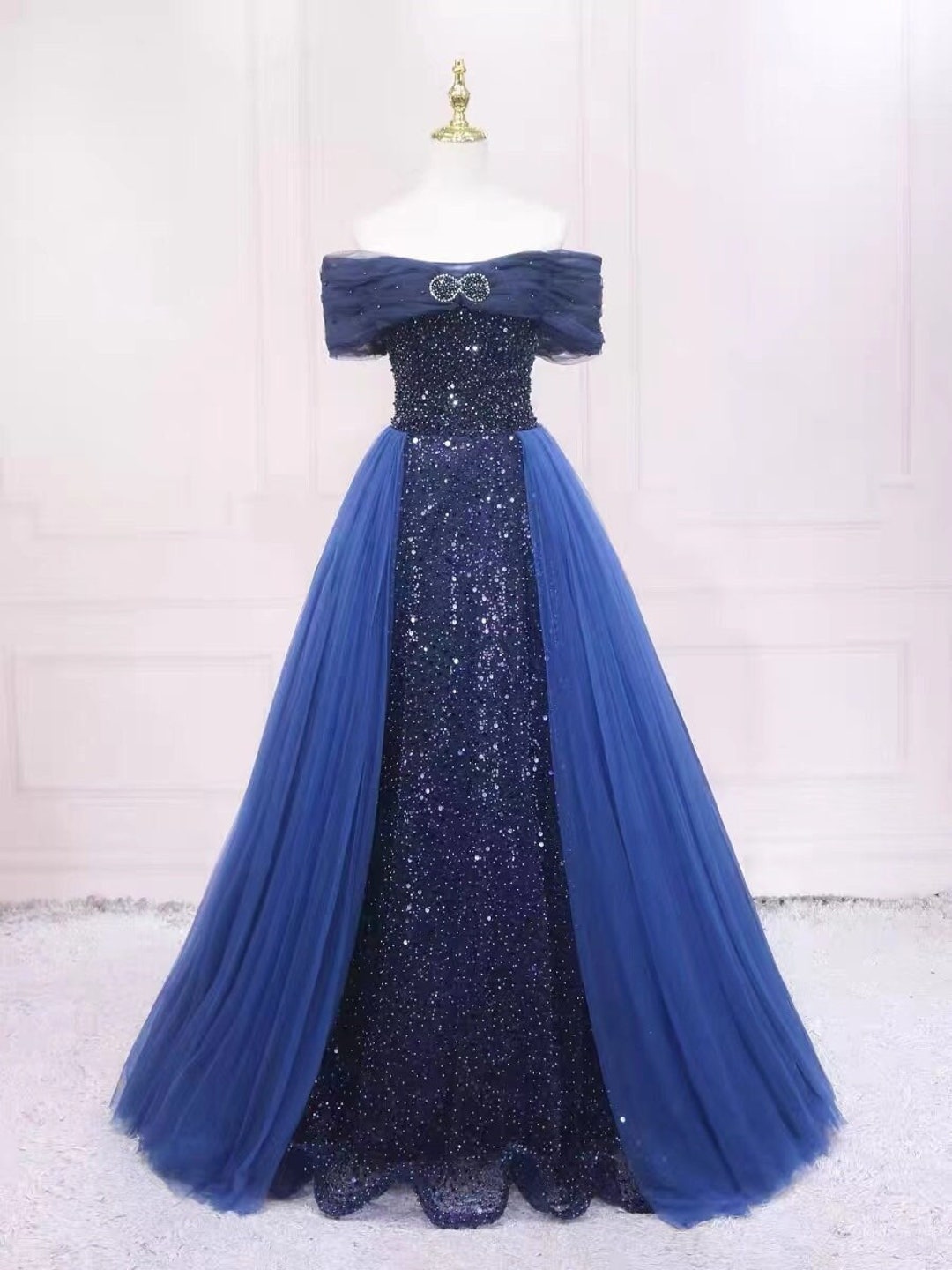 Dark Blue Tulle Sequin Long Prom Dress, Evening Dress - Etsy