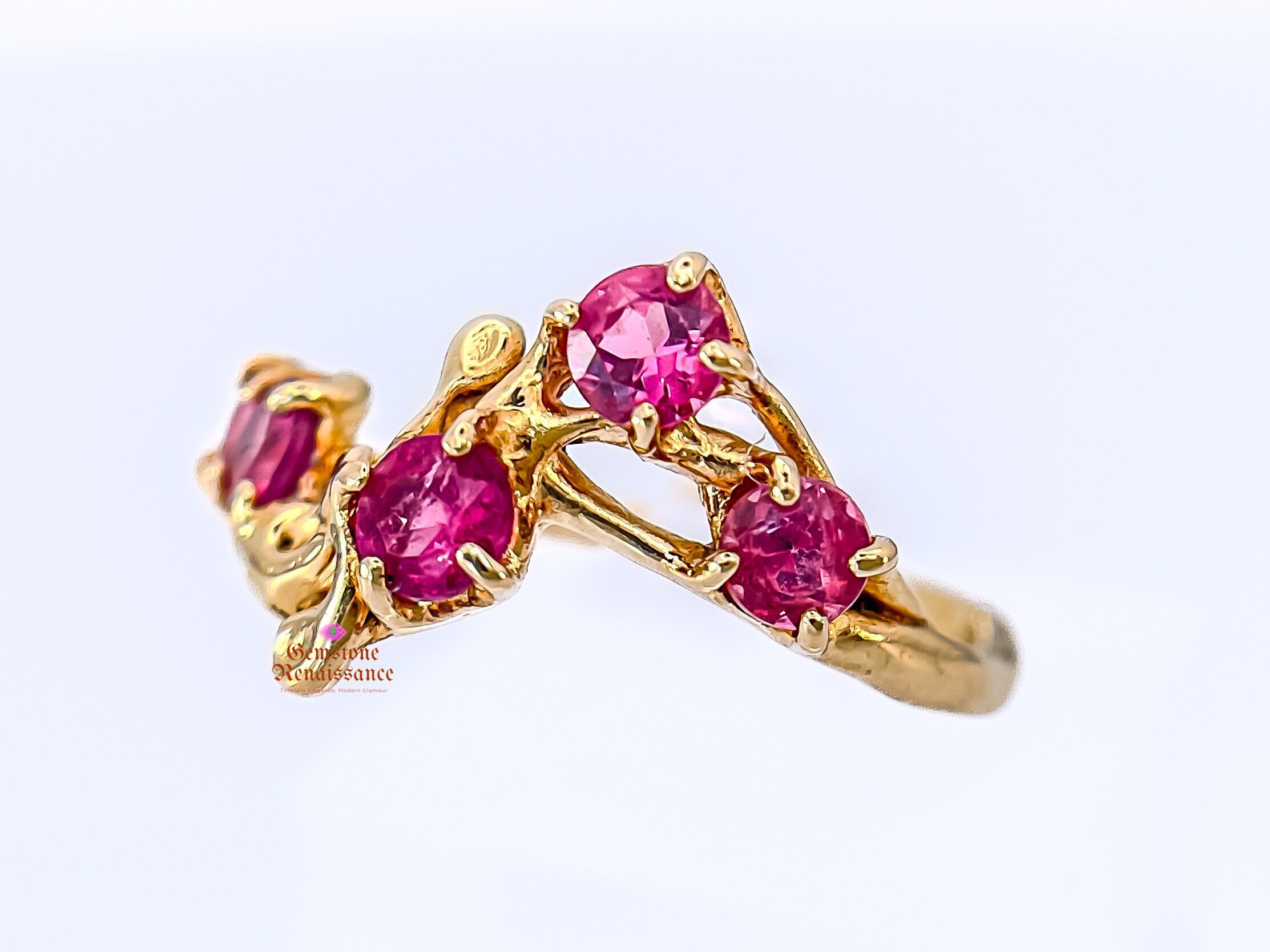 Antique 14K Gold Ruby Cluster Ring Romantic Free Form Swirl Branches ...
