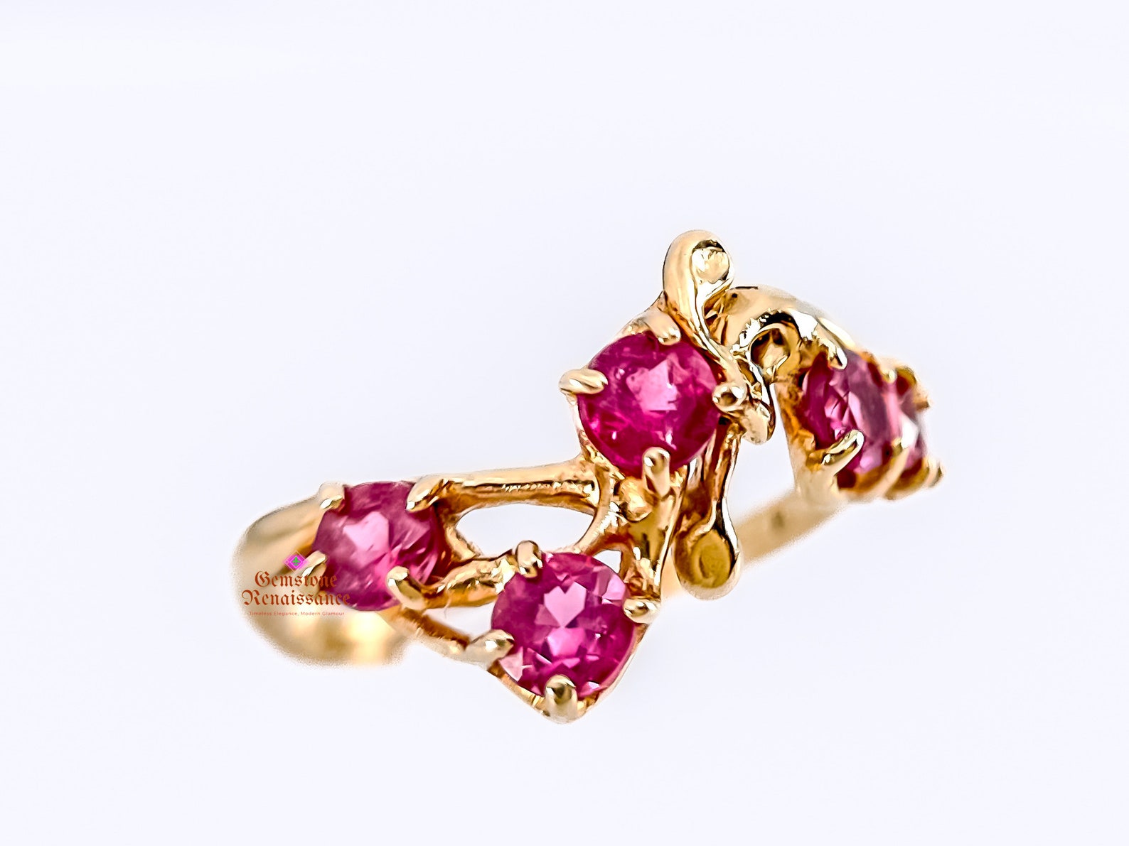 Antique 14K Gold Ruby Cluster Ring Romantic Free Form Swirl Branches ...