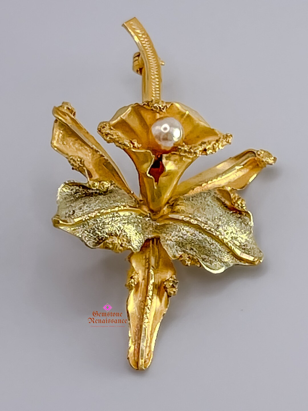 Stunning 18K Yellow Gold Lily Flower Brooch Art Nouveau Pearl Flower ...