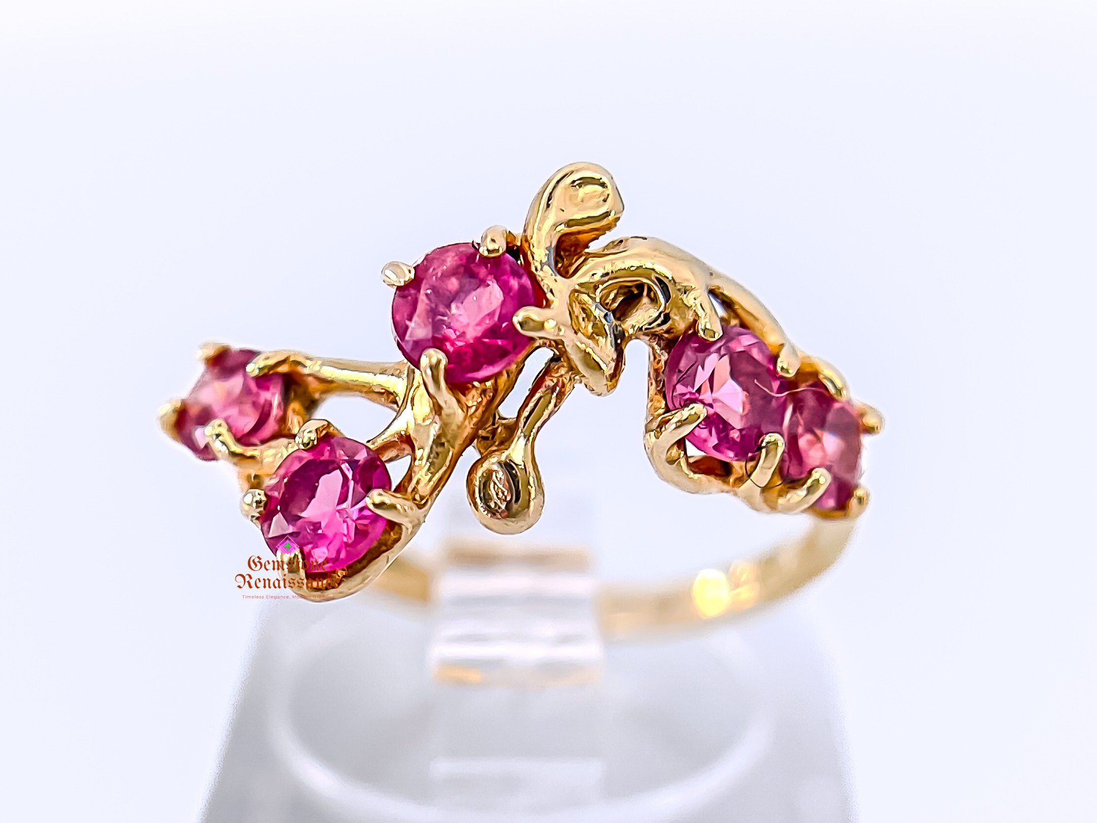 Antique 14K Gold Ruby Cluster Ring Romantic Free Form Swirl Branches ...