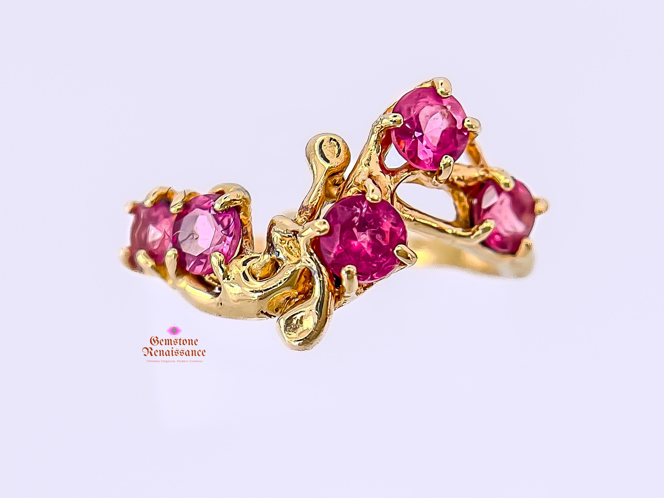 Antique 14K Gold Ruby Cluster Ring Romantic Free Form Swirl Branches ...