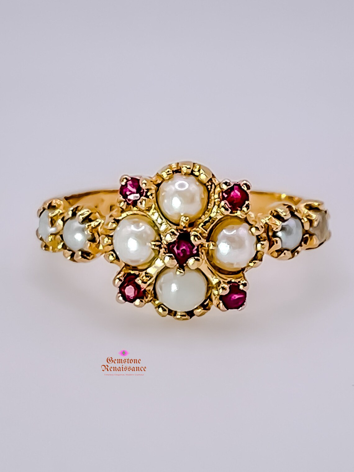 Georgian Era Ring Pearl Ruby Ring in 14K Yellow Gold Hallmarked Vintage ...