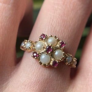 Georgian Era Ring Pearl Ruby Ring in 14K Yellow Gold Hallmarked Vintage Jewelry Size 8 for ...