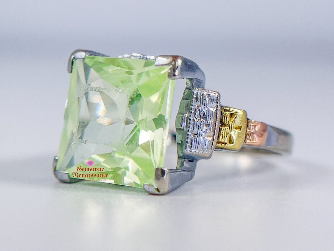 Art Deco UV Green Spinel 10K Gold Ring Uranium Glass Tri-gold Ring Band ...