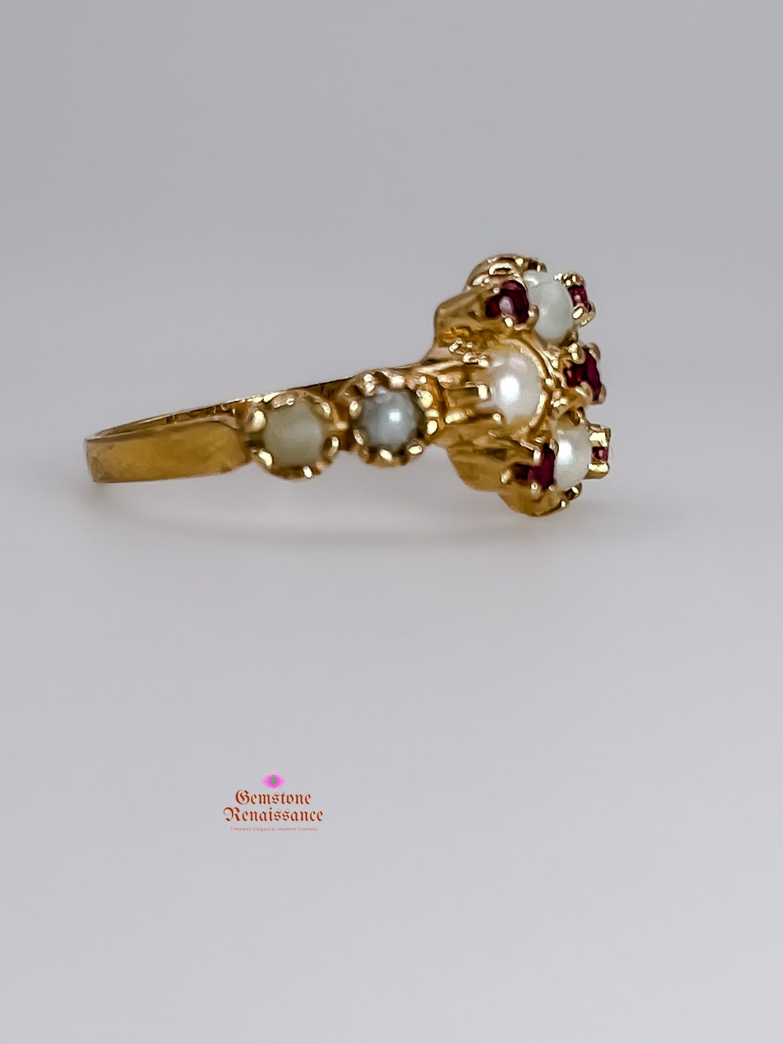 Georgian Era Ring Pearl Ruby Ring in 14K Yellow Gold Hallmarked Vintage ...