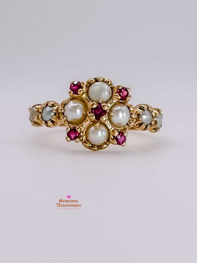 Georgian Era Ring Pearl Ruby Ring in 14K Yellow Gold Hallmarked Vintage ...