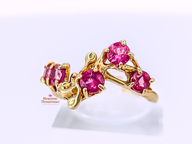 Antique 14K Gold Ruby Cluster Ring Romantic Free Form Swirl Branches Yellow Gold Band US Size 5. ...