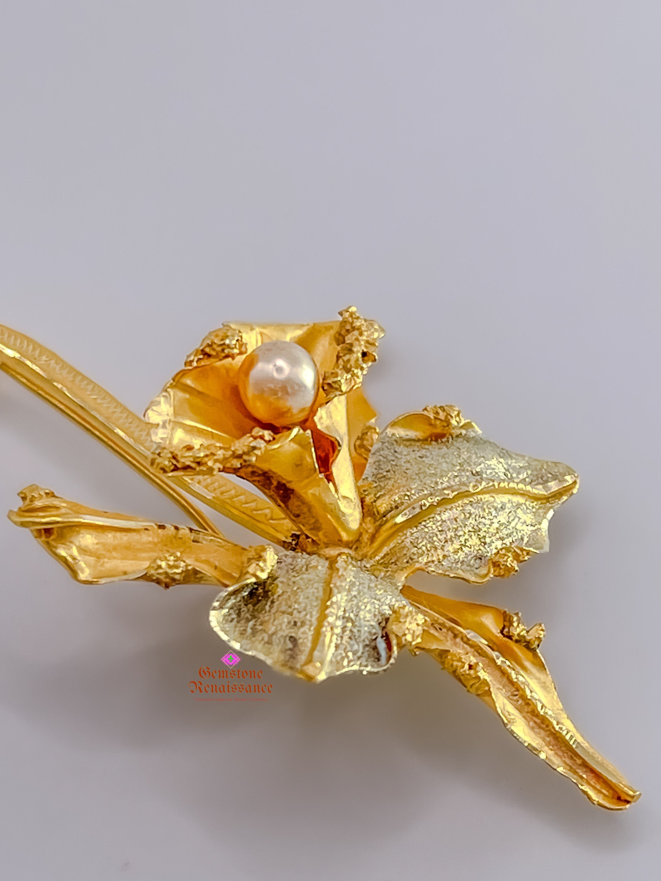 Stunning 18K Yellow Gold Lily Flower Brooch Art Nouveau Pearl Flower ...