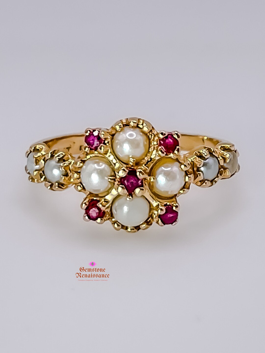 Georgian Era Ring Pearl Ruby Ring in 14K Yellow Gold - Hallmarked ...