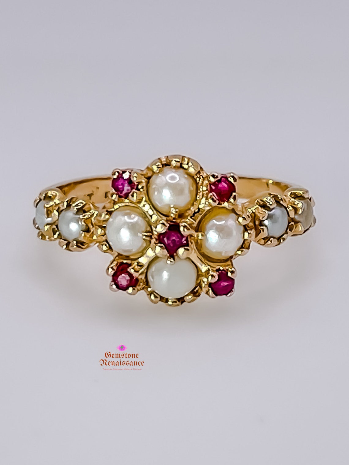 Georgian Era Ring Pearl Ruby Ring in 14K Yellow Gold Hallmarked Vintage ...