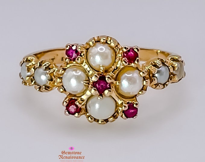 Georgian Era Ring Pearl Ruby Ring in 14K Yellow Gold - Hallmarked ...