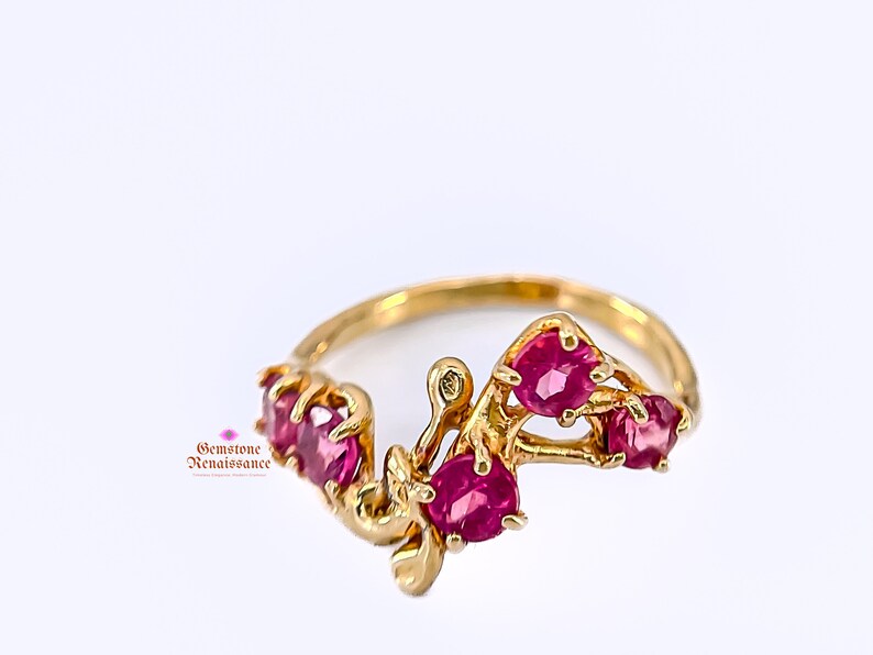 Antique 14K Gold Ruby Cluster Ring Romantic Free Form Swirl Branches Yellow Gold Band US Size 5. ...