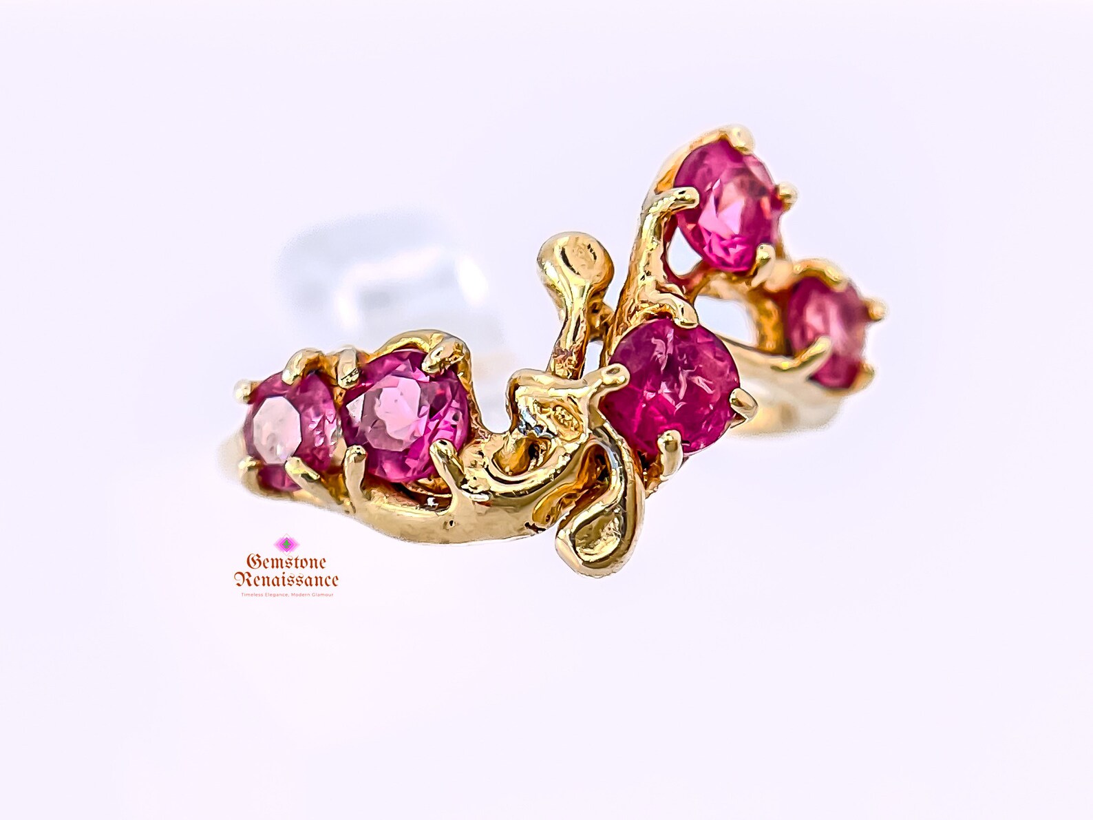 Antique 14K Gold Ruby Cluster Ring Romantic Free Form Swirl Branches ...
