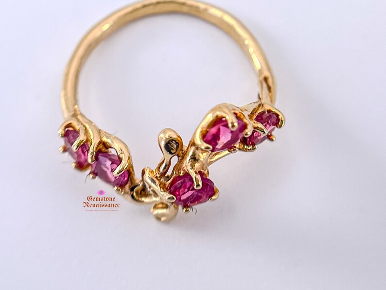 Antique 14K Gold Ruby Cluster Ring Romantic Free Form Swirl Branches Yellow Gold Band US Size 5. ...