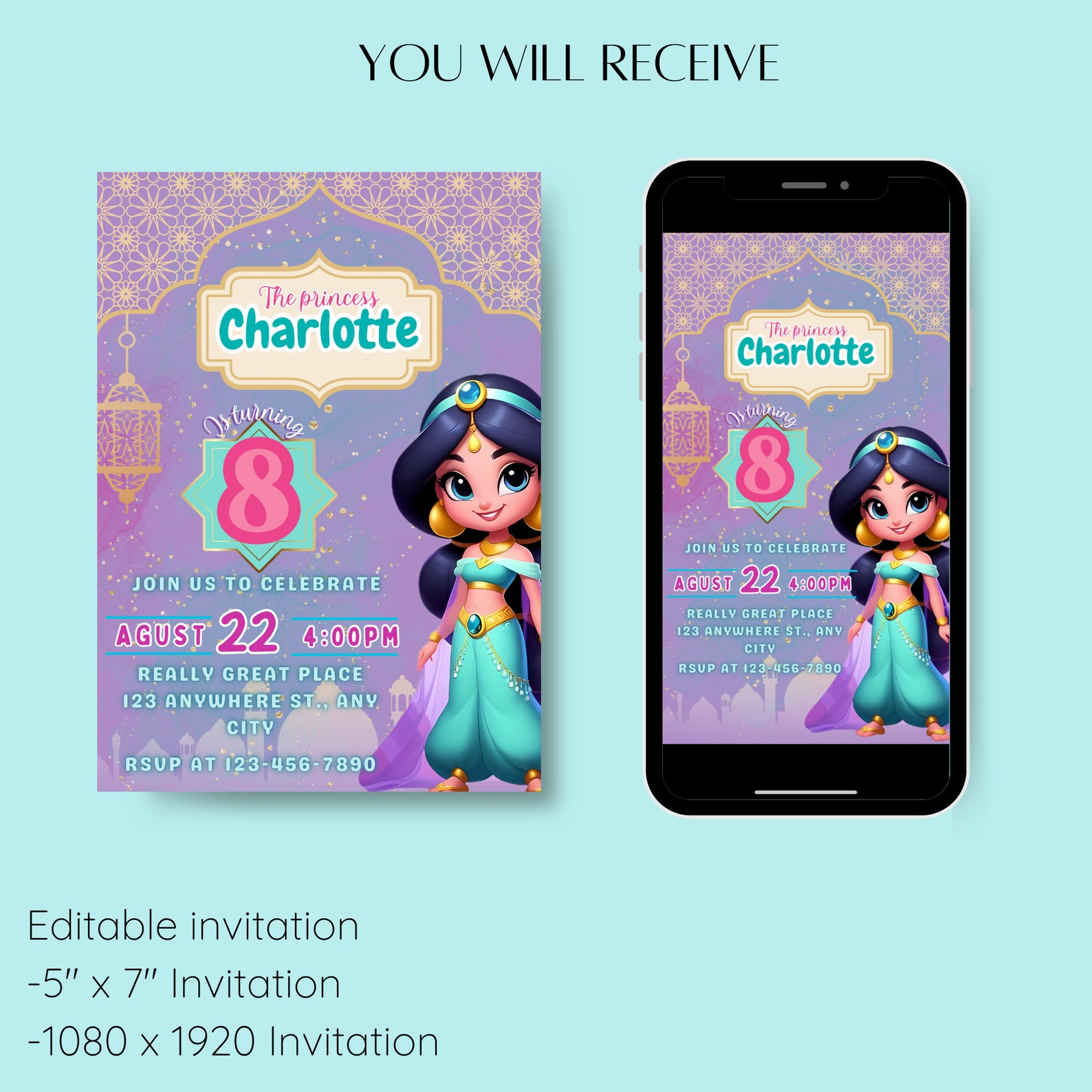 Princess Jasmine Birthday Invitation Template | Editable Party Invite ...
