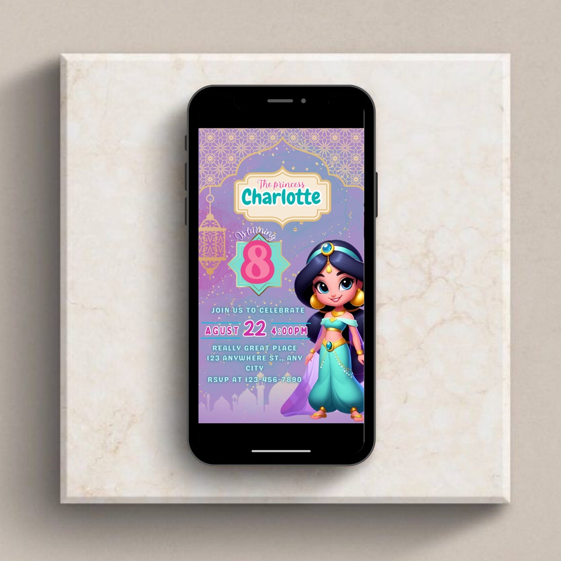Princess Jasmine Birthday Invitation Template | Editable Party Invite ...